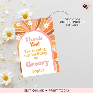 Editable Daisy Groovy Retro Birthday Party Favor Tags, Floral 70s ...