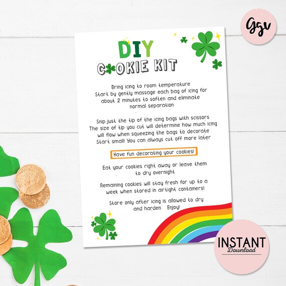 St Patricks Day DIY Cookie Kit Instruction Printable Card | Etsy