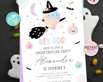 Editable Halloween Pastel Ghost Birthday Invitation Hey Boo Girly Cute ...