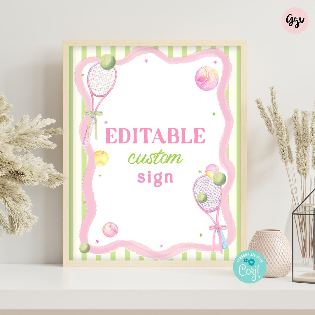 Editable Tennis Birthday Party Sign, Pink Tennis Racquet Custom Poster ...