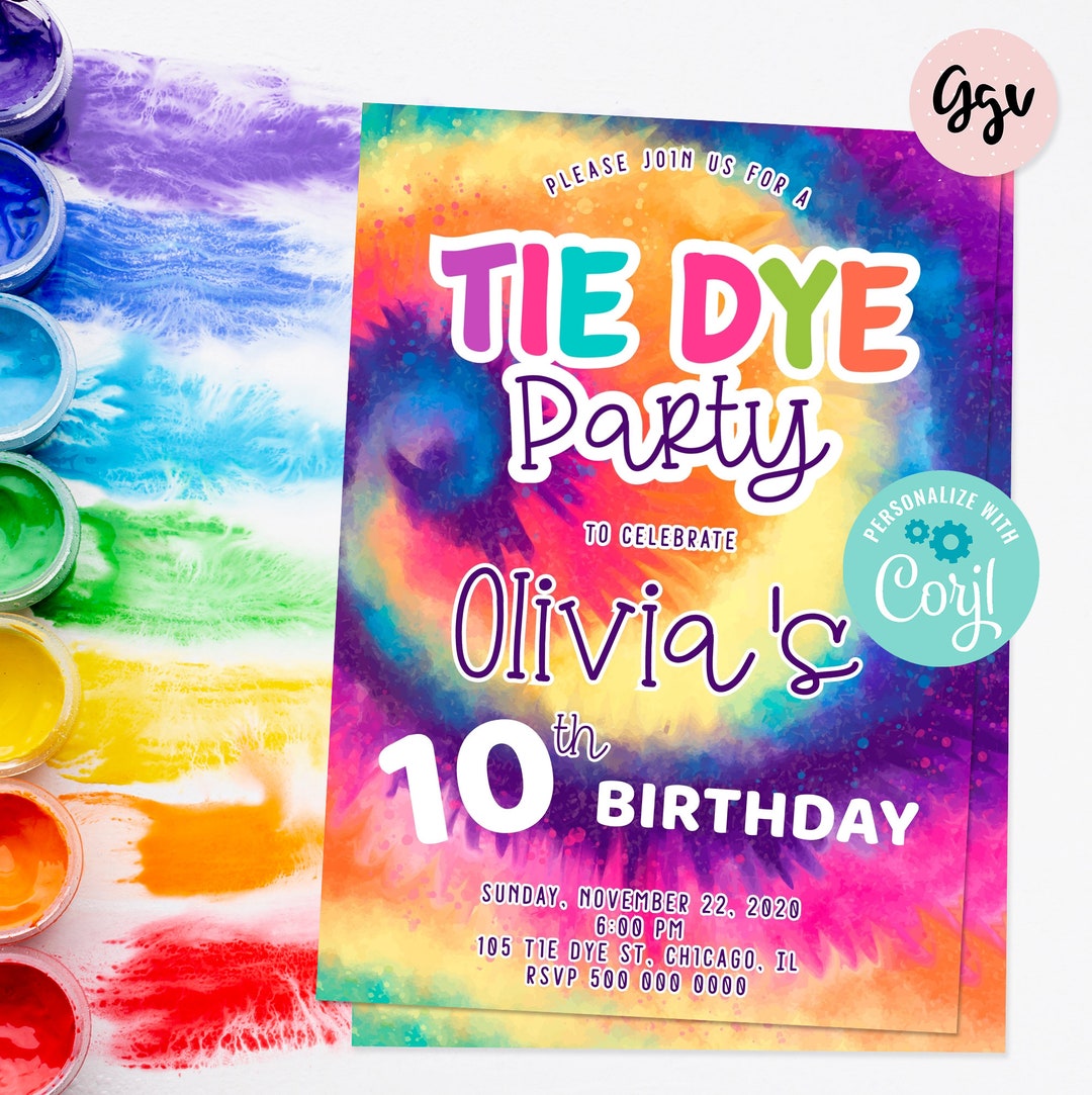 TIE DYE Birthday Invitation, Editable Tie Dye Birthday Party Invite ...