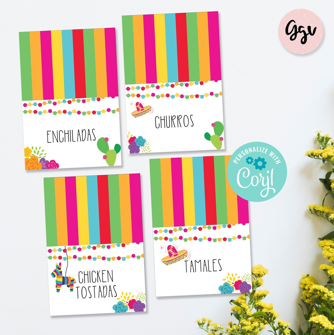 Editable Mexican Fiesta Food Labels: Cactus Party Place Cards (digital ...