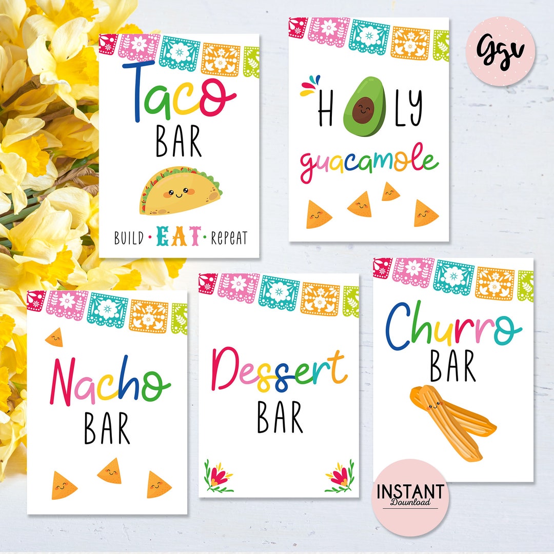 Mexican Fiesta Food Bar Signs, Printable Taco Bar Sign, Churro Bar Sign ...