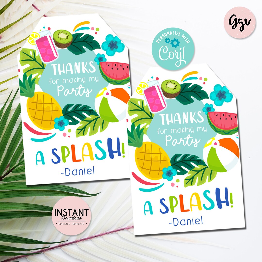 Editable Tropical Pool Party Favor Tags, Pool Party Thank You Printable ...