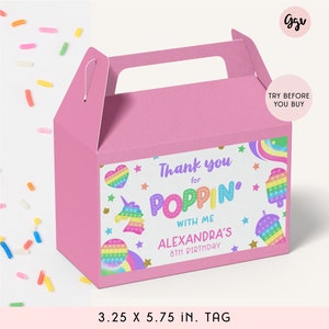 POP IT Fidget Toy Birthday Party Favor Tag, Editable Pop It Gable Box ...