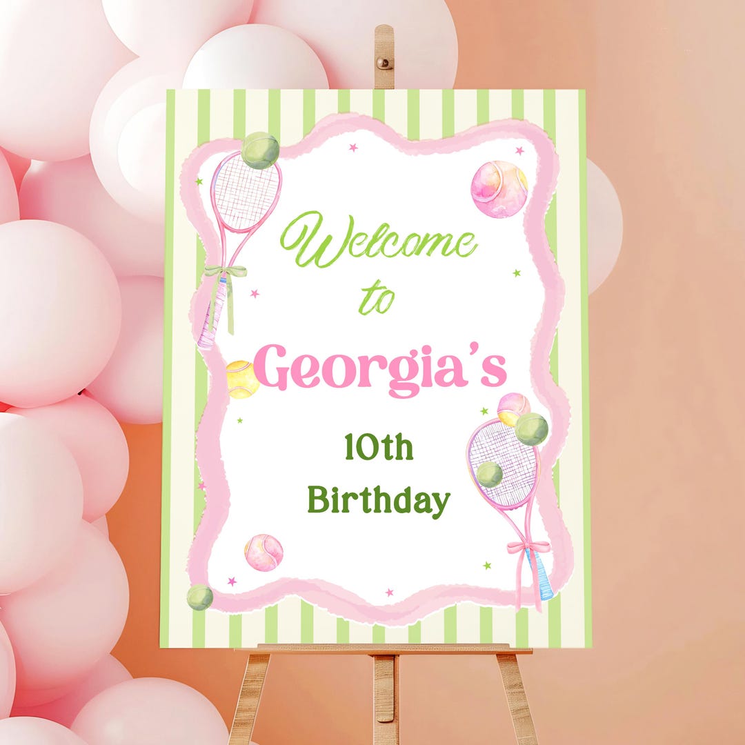 Pink Tennis Birthday Welcome Party Sign Template: Editable Custom ...