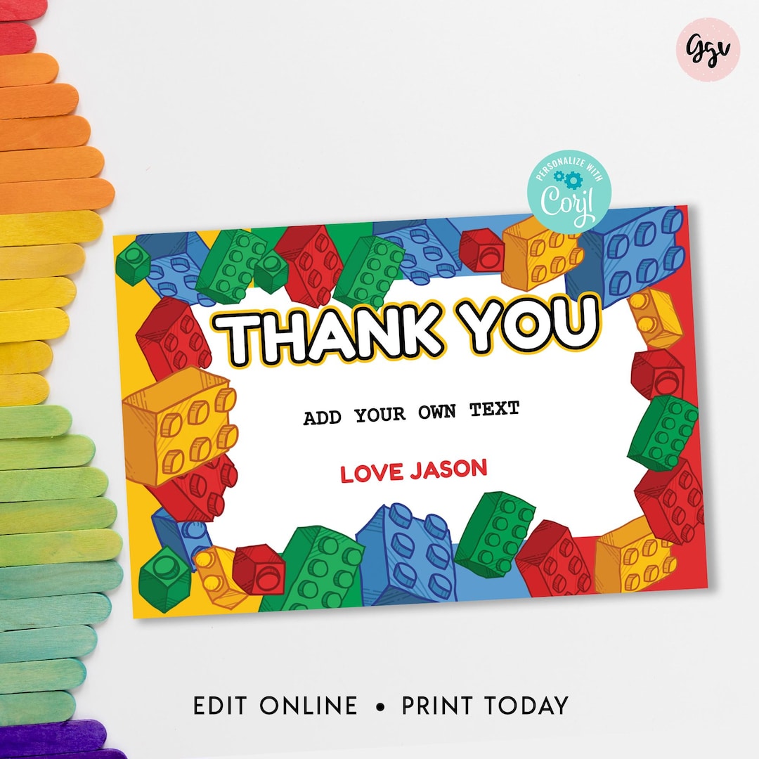 Building Blocks Thank You Card: Kids Party Favor Note (digital Download ...