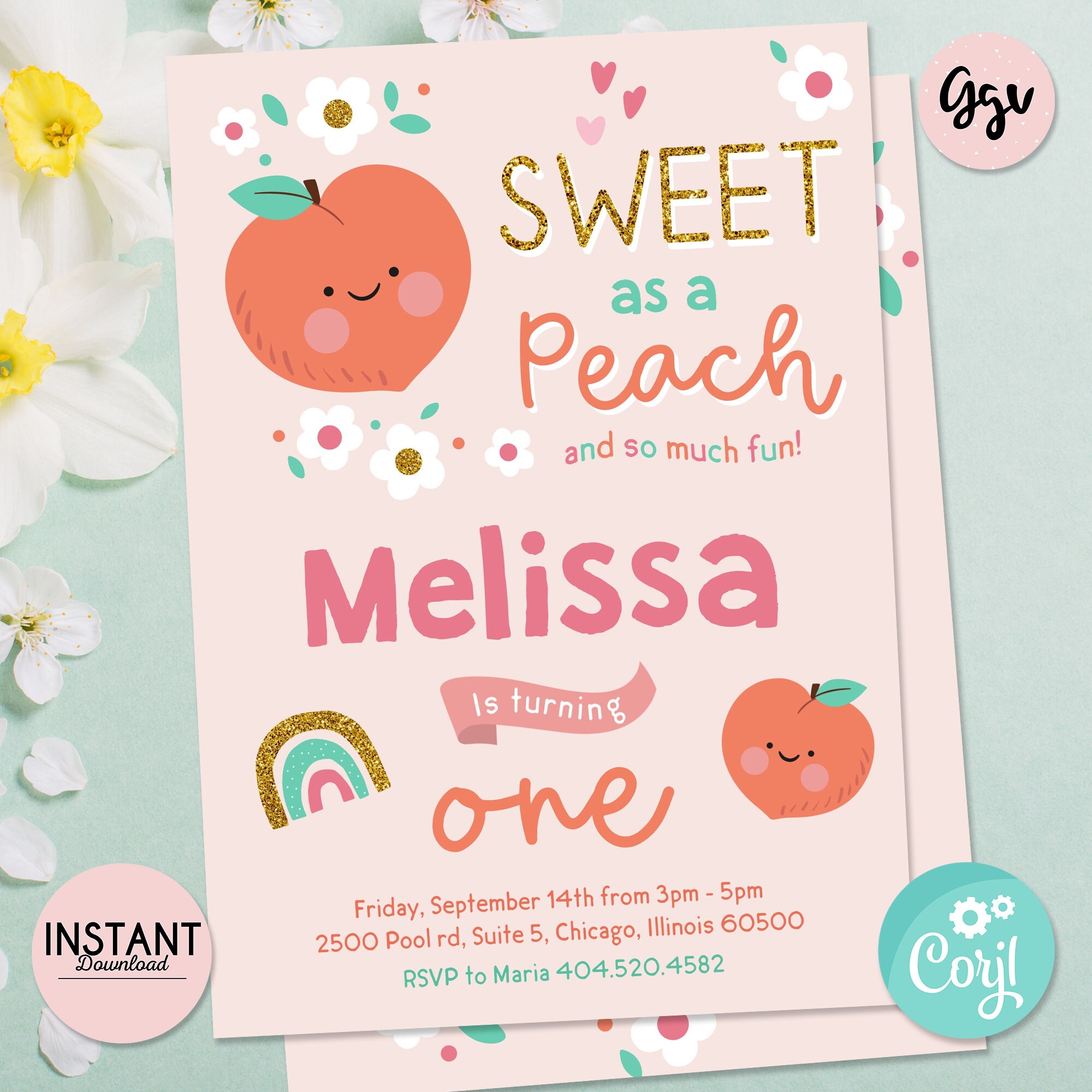 Sweet as a Peach First Birthday Invitation Editable Peach | Etsy