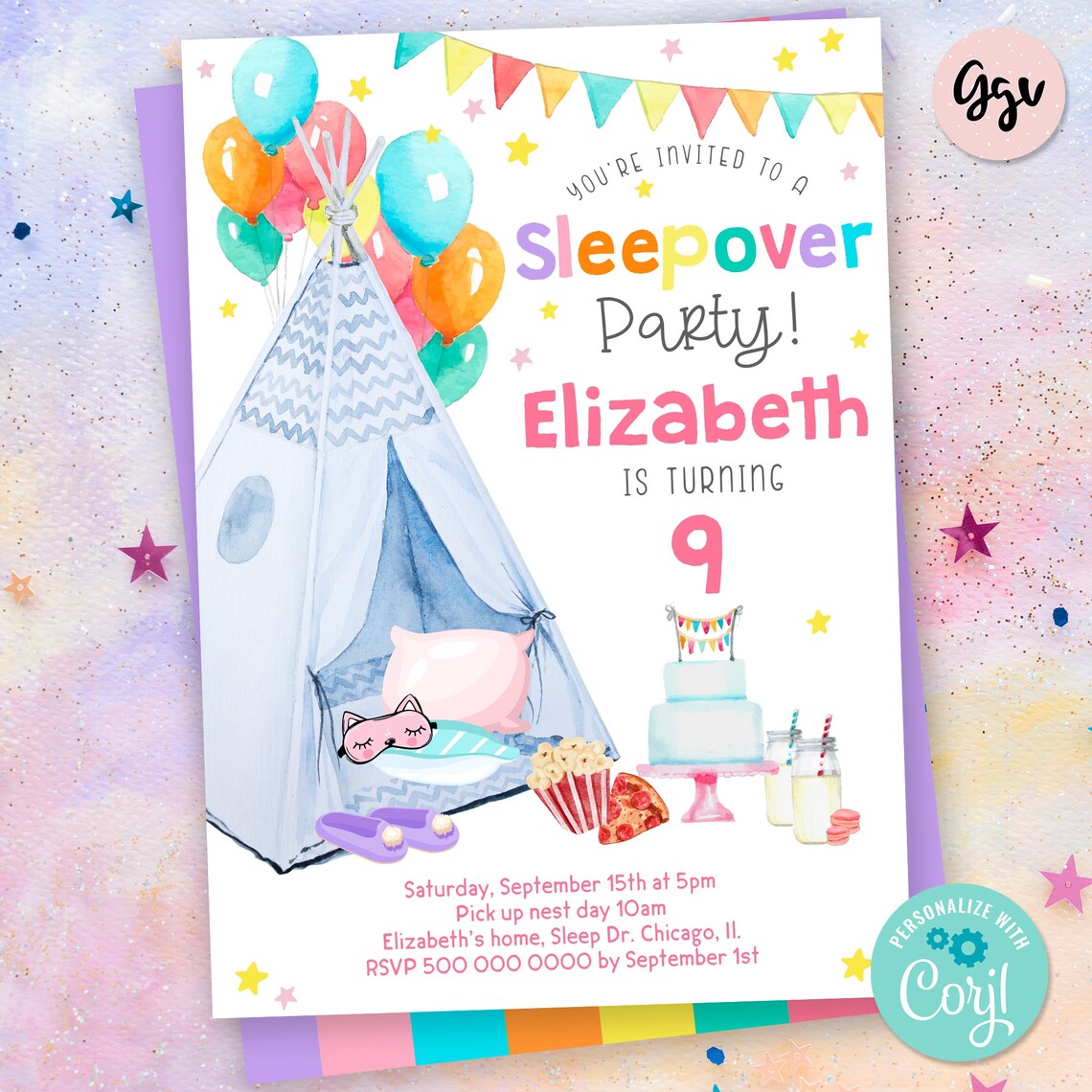 Editable Teepee Sleepover Invitation Slumber Party Pajama | Etsy