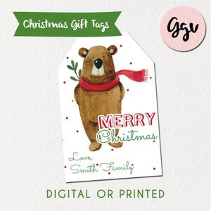 Christmas Gift Tags, Holiday Gift Tags, Bear Christmas Tag, Printed ...