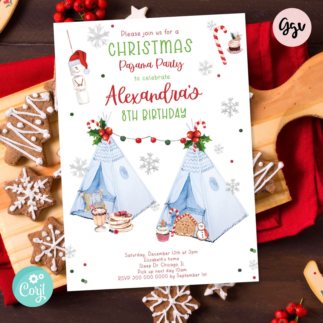 Christmas Sleepover Pajama Party Invitation, Editable Pancakes and ...