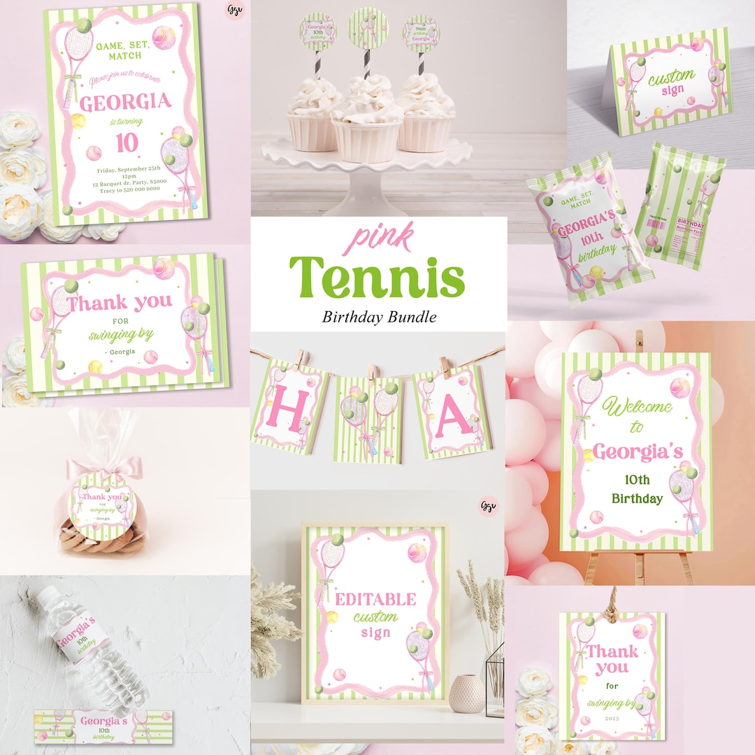 Pink Tennis Birthday Party Bundle: Sports Printable Decorations ...