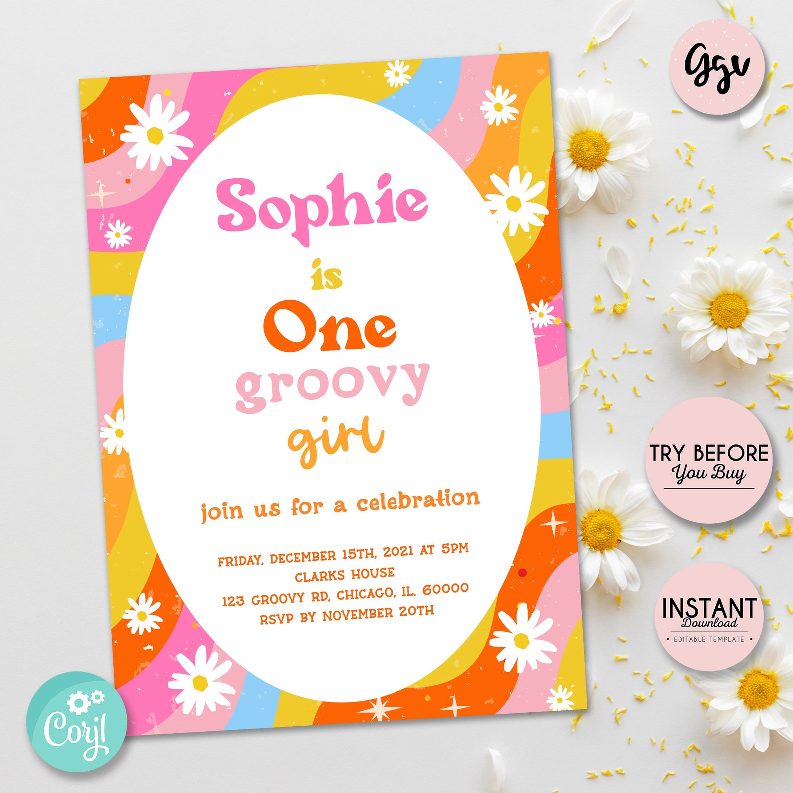 Editable ONE Groovy Girl Invitation Retro 70s Groovy Birthday - Etsy