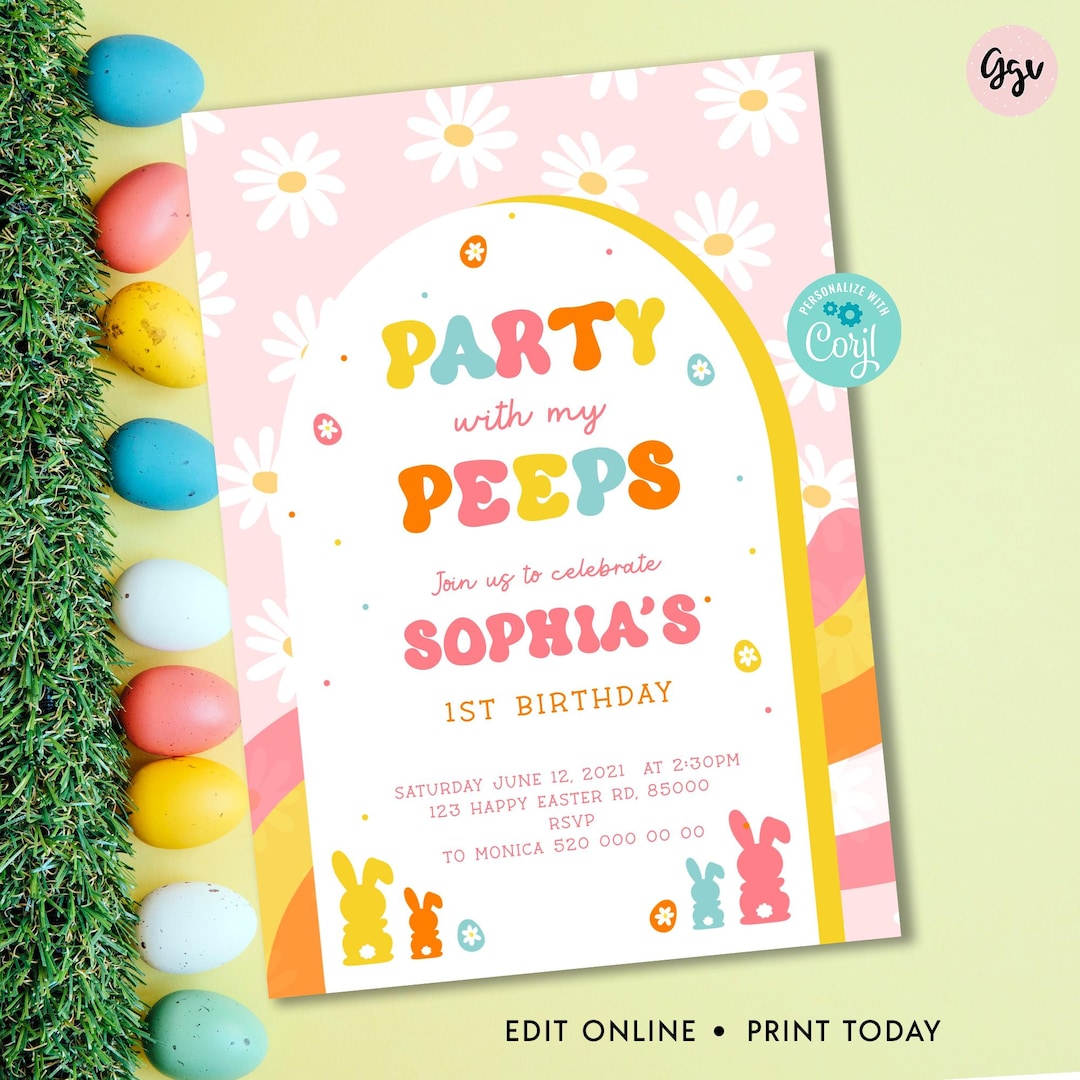 Party With My Peeps Editable Invitation, Pink Groovy Easter Peeps ...