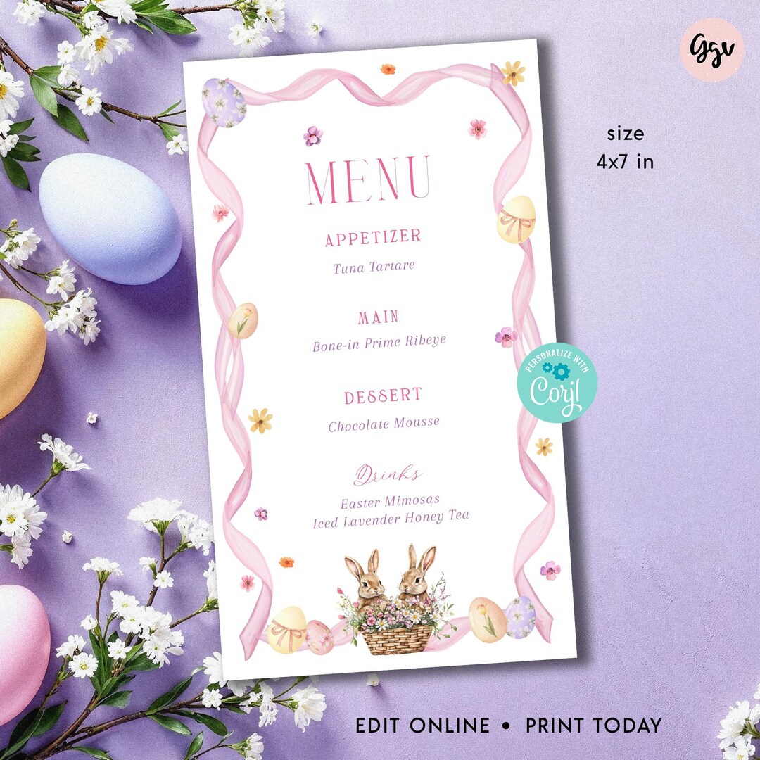 Easter Bunny Menu Template, Editable Brunch Menu Card, Easter Lunch ...