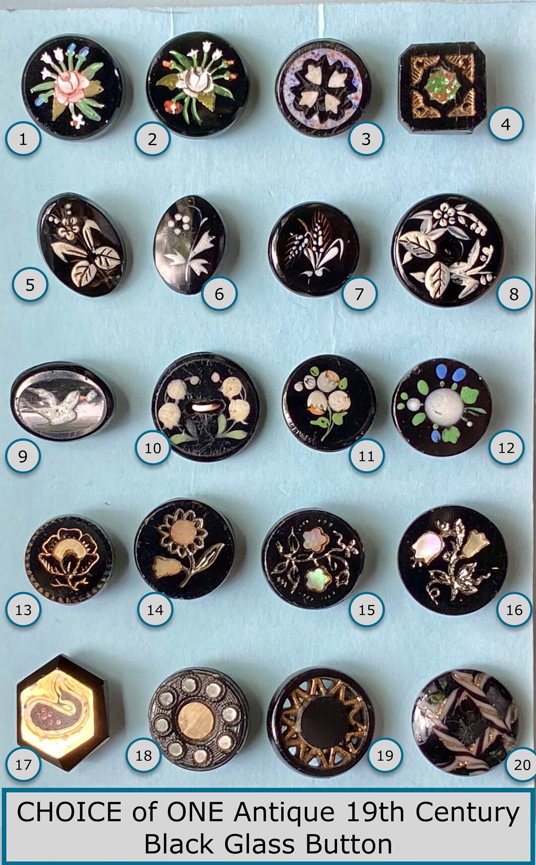 CHOICE of ONE Antique Black Glass NBS Small Button Tiles Pearl Inlays ...