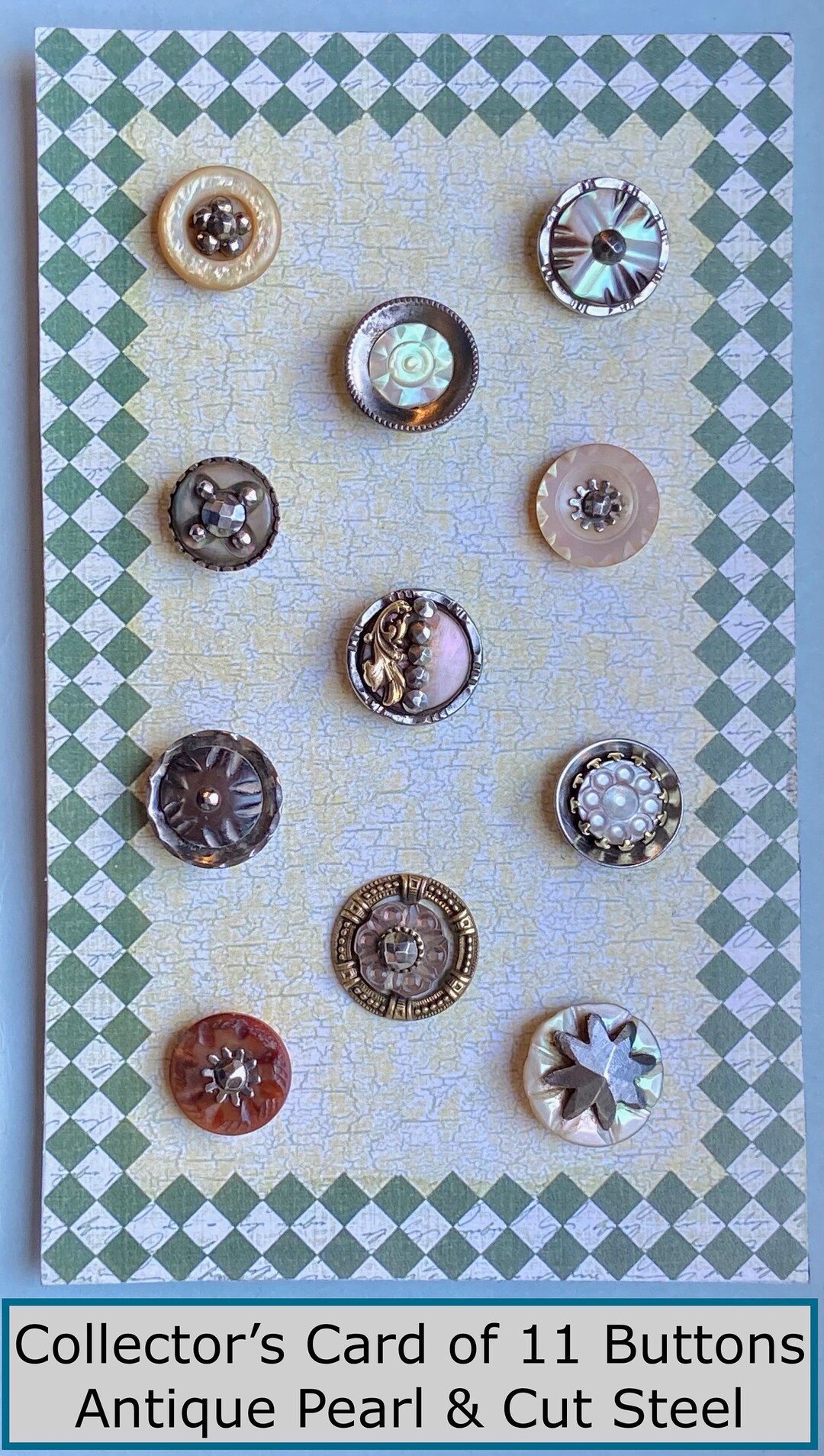 Lovely Collector's Card of 11 Carved Pearl & Steel NBS Small Buttons ...