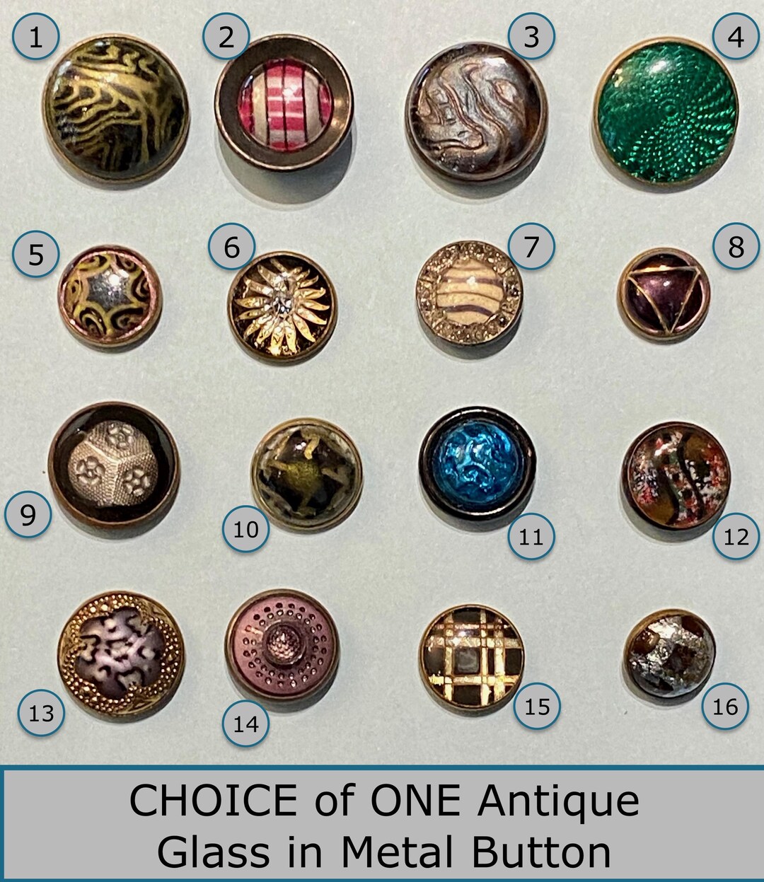 CHOICE of ONE Antique Glass in Metal Button Design Under Glass NBS ...