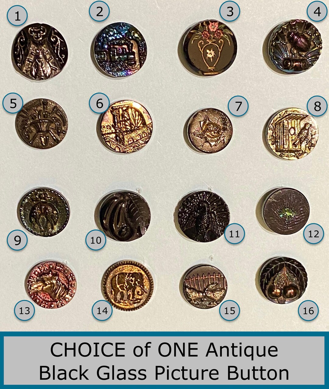 CHOICE of ONE Antique 19th Century Black Glass Picture Button NBS Small ...