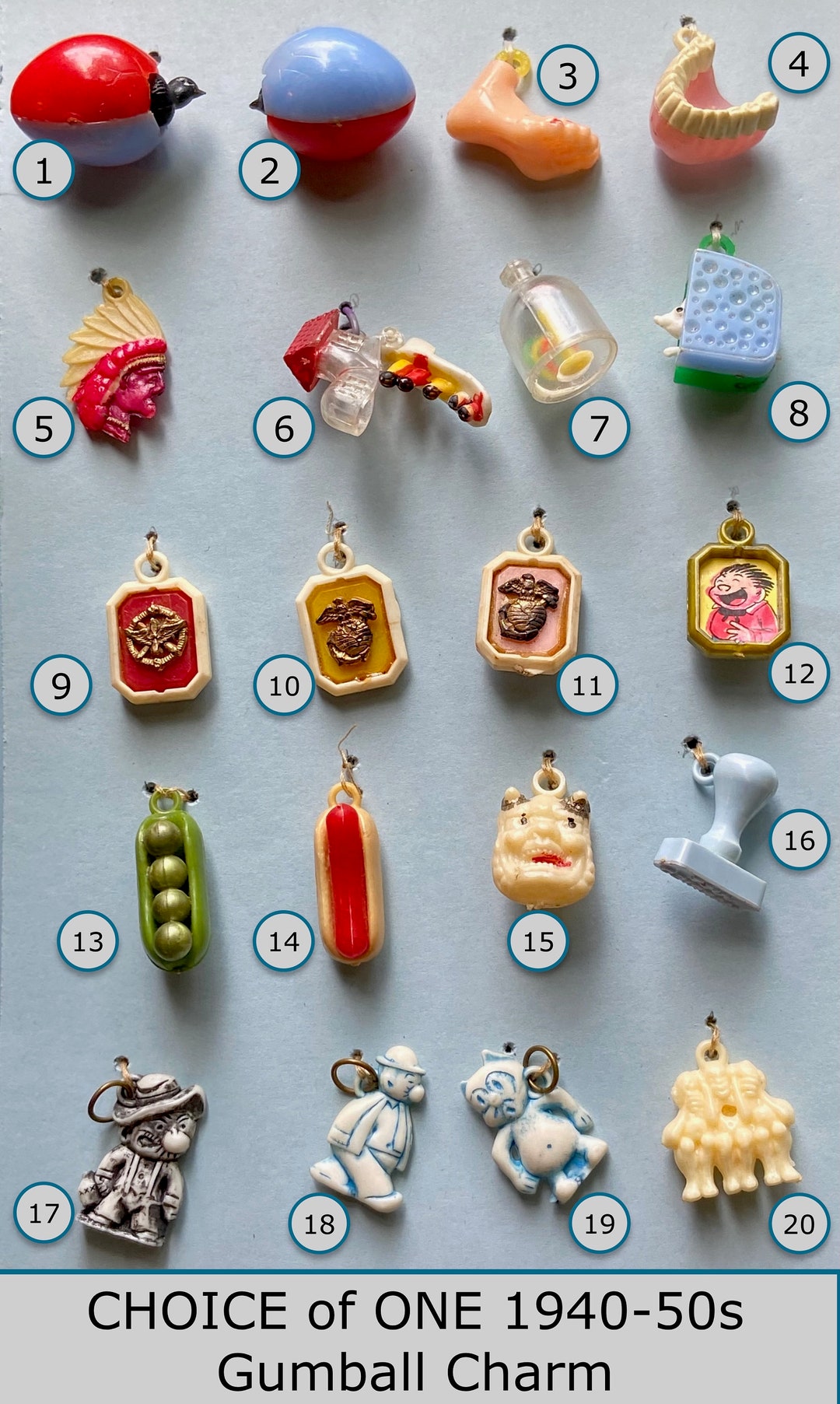 CHOICE of ONE 1940s to 1950s Plastic Gumball Charms Cartoon Characters ...