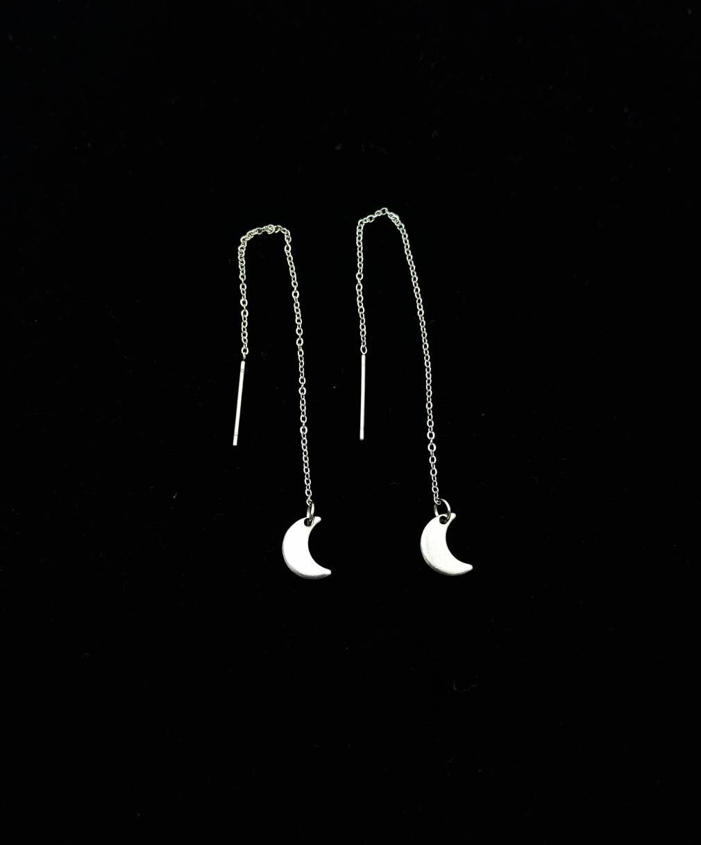 Thread Moon Star Earrings Mismatched Threader Celestial Thread Dangle Chain Pull-through ...