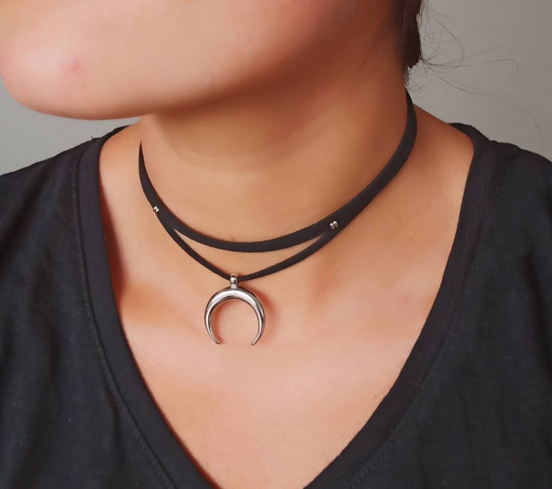 Half Moon Choker Necklace Crescent Moon Boho Celestial Faux Suede ...