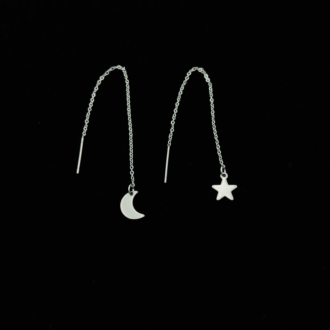 Thread Moon Star Earrings Mismatched Threader Celestial Thread Dangle Chain Pull-through ...