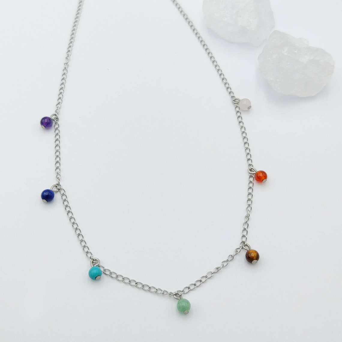 7 Chakras Necklace Silver Chain Seven Chakras Healing Crystals Stacking ...