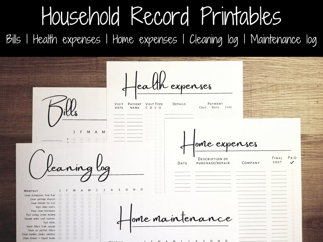 Printable Household Record Sheets: Bill Tracker, Health Expenses, Home ...