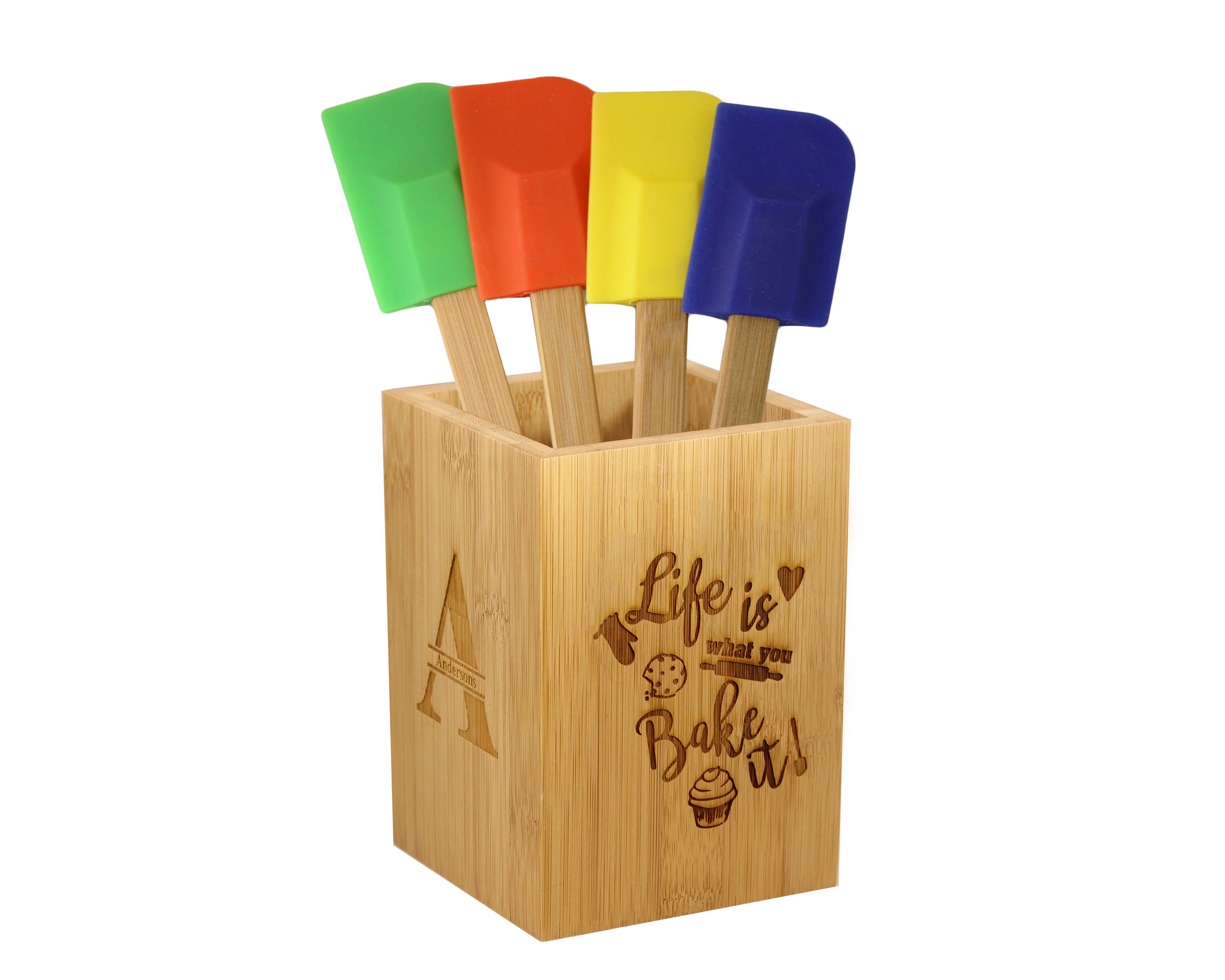 Personalized Kitchen Utensil Holder Bamboo Wood Engraved Gadget Caddy ...