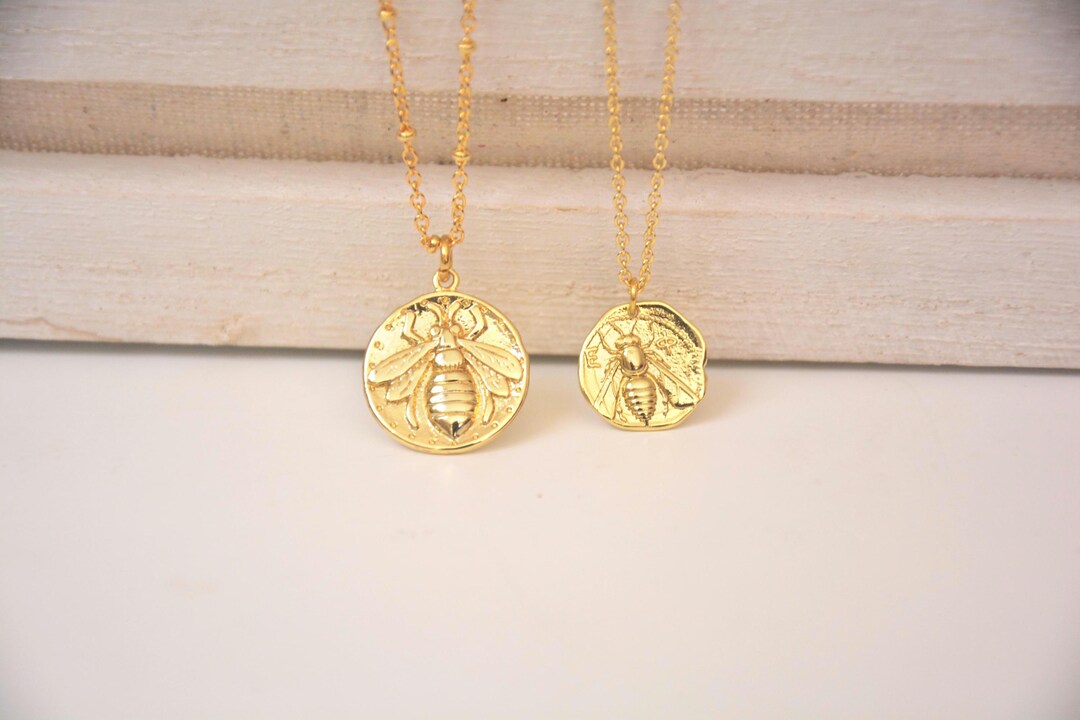 14k Gold Bee Coin Pendant • Gold Filled Disc Chain Necklace • Bee Coin ...