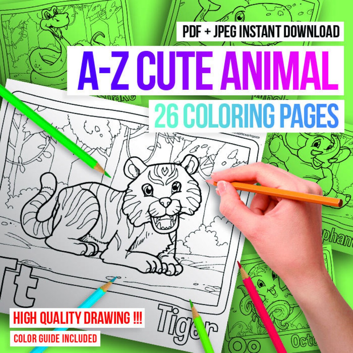 Cute Animal A to Z Coloring Pages 26 Page Printable PDF - Etsy