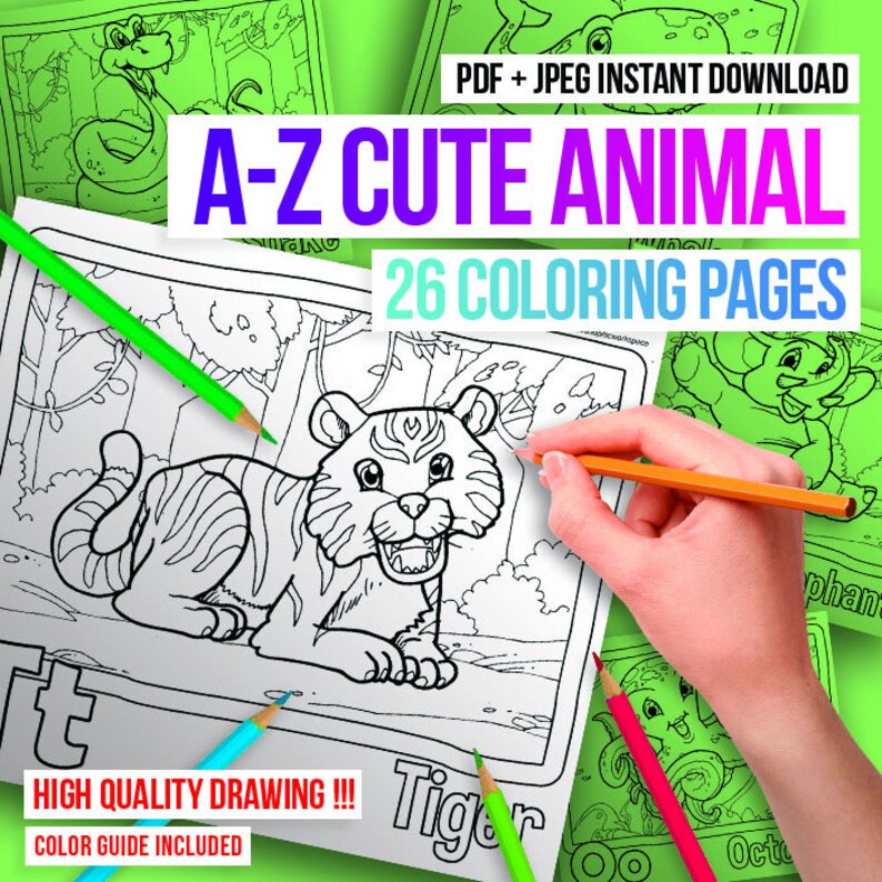 Cute Animal A to Z Coloring Pages 26 Page Printable PDF - Etsy