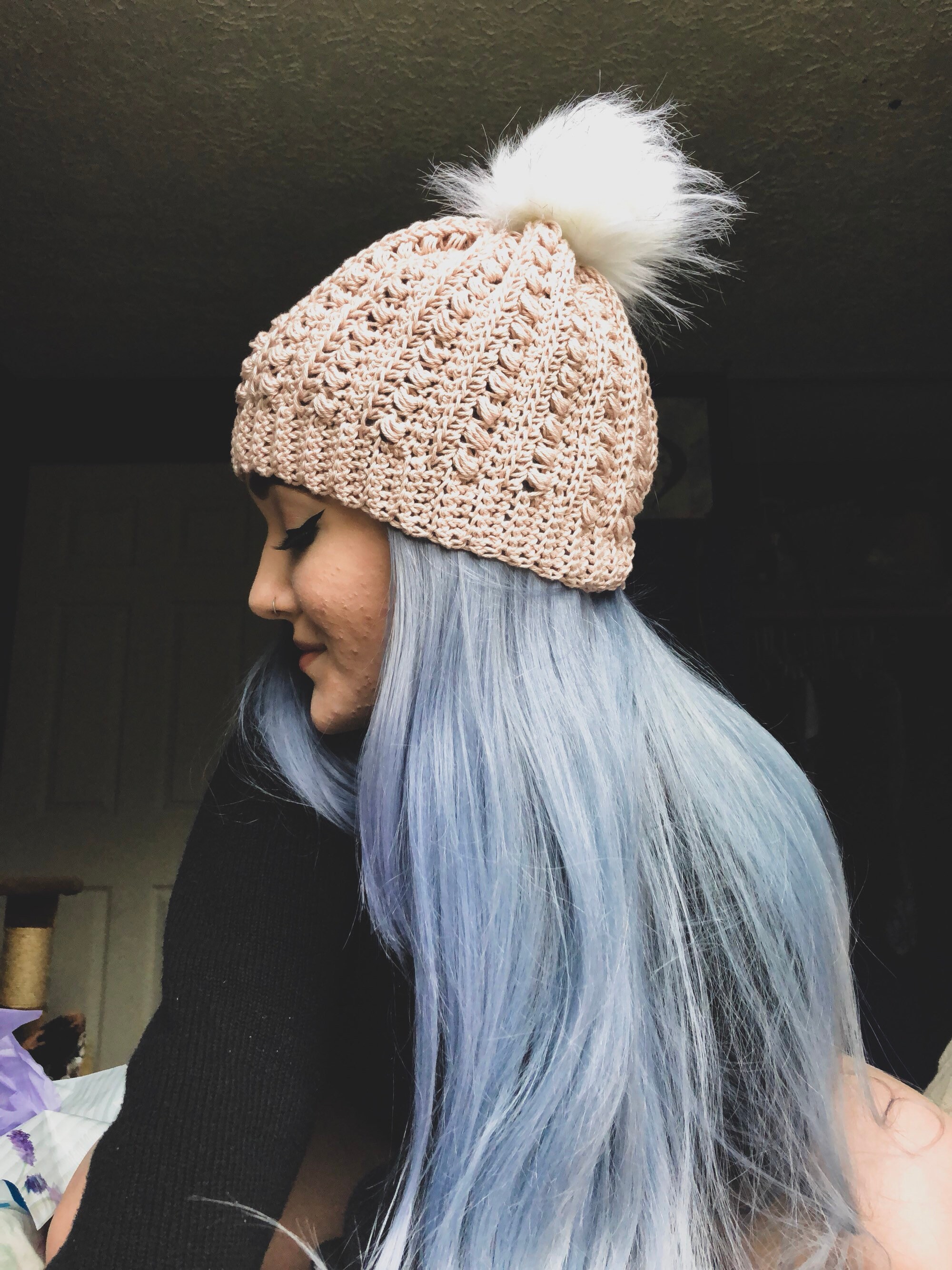 Crocheted Winter Beanie Hat with Poof Ball - Etsy 日本