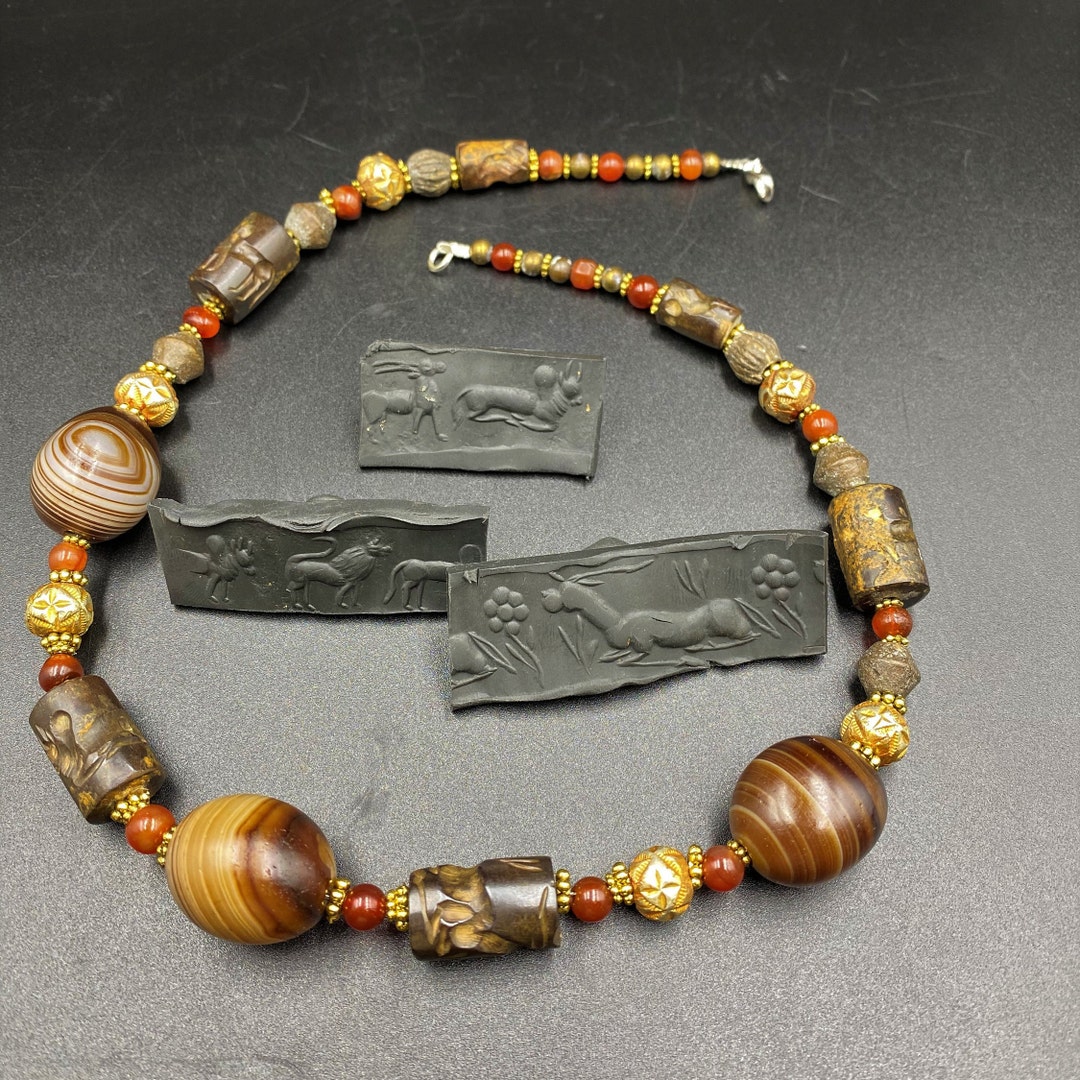 Antique Hadid Stone Intaglio Cylinder Seal Stamp, Vintage Banded Agate ...