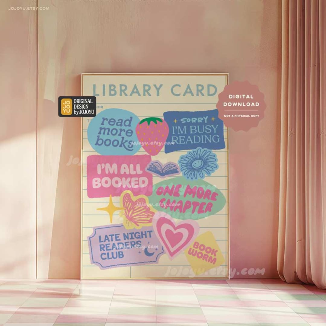 Cute Retro Pastel Stickers Library Card Wall Art Print, Bookish Poster ...