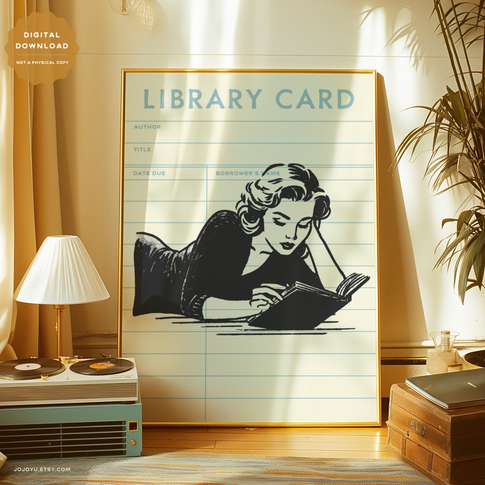 Library Card Woman Reading Retro Wall Art for Book Lovers Library ...
