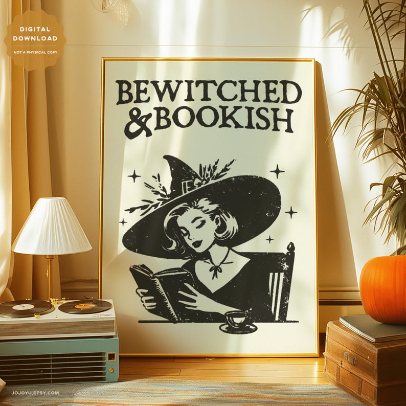 Bewitched Bookish Retro Wall Art for Home Library, Spooky Witchy Reader ...