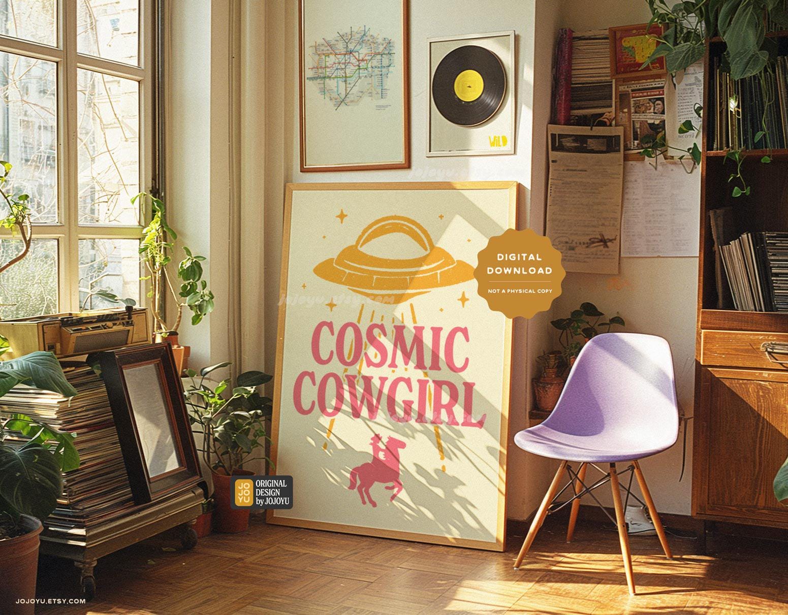Cosmic Cowgirl UFO Wall Art Print, Retro Style Space Digital Download ...