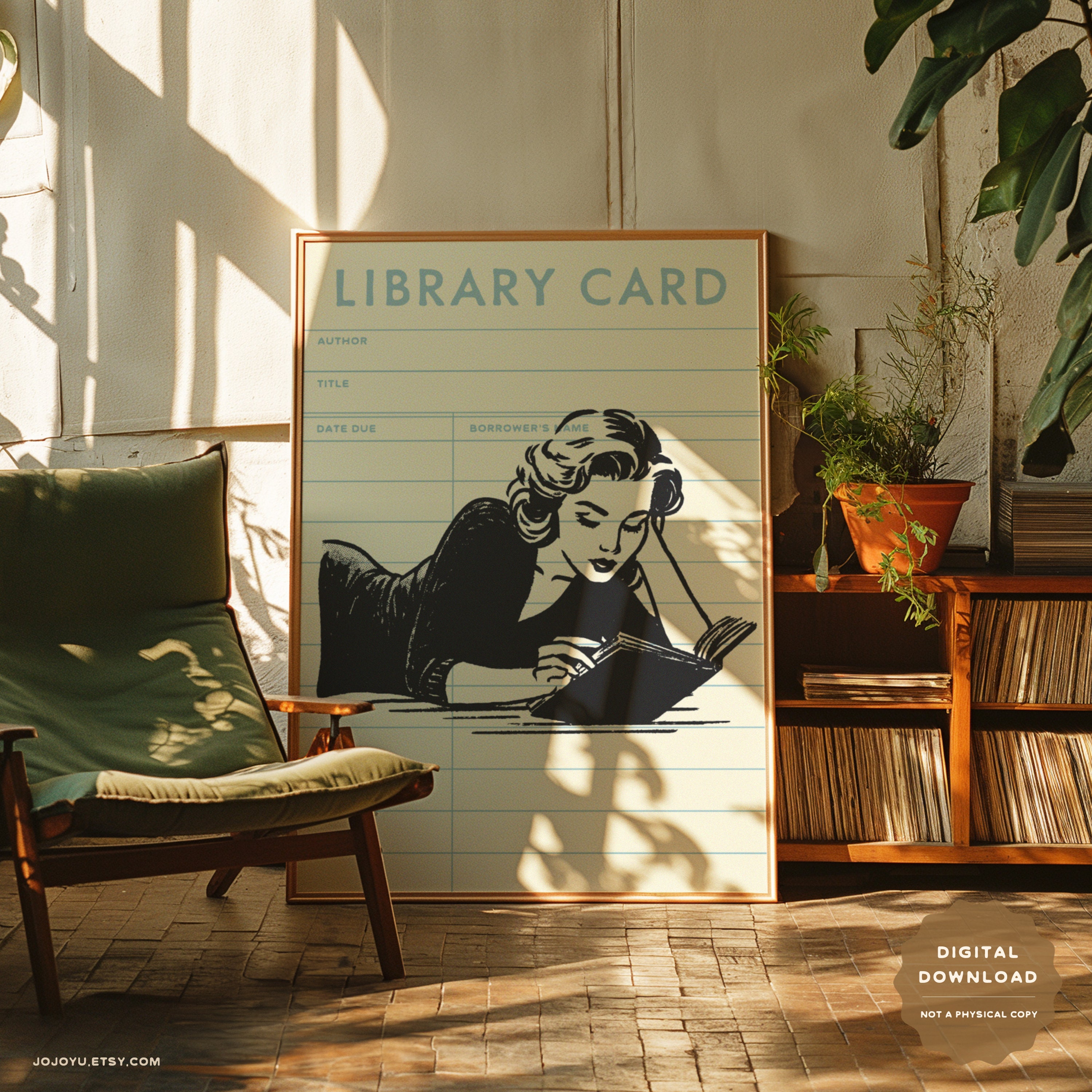 Library Card Woman Reading Retro Wall Art for Book Lovers Library ...