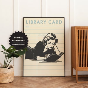 Library Card Woman Reading Retro Wall Art for Book Lovers Library ...