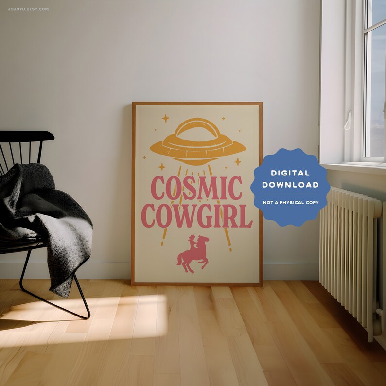 Cosmic Cowgirl UFO Wall Art Print, Retro Style Space Digital Download ...