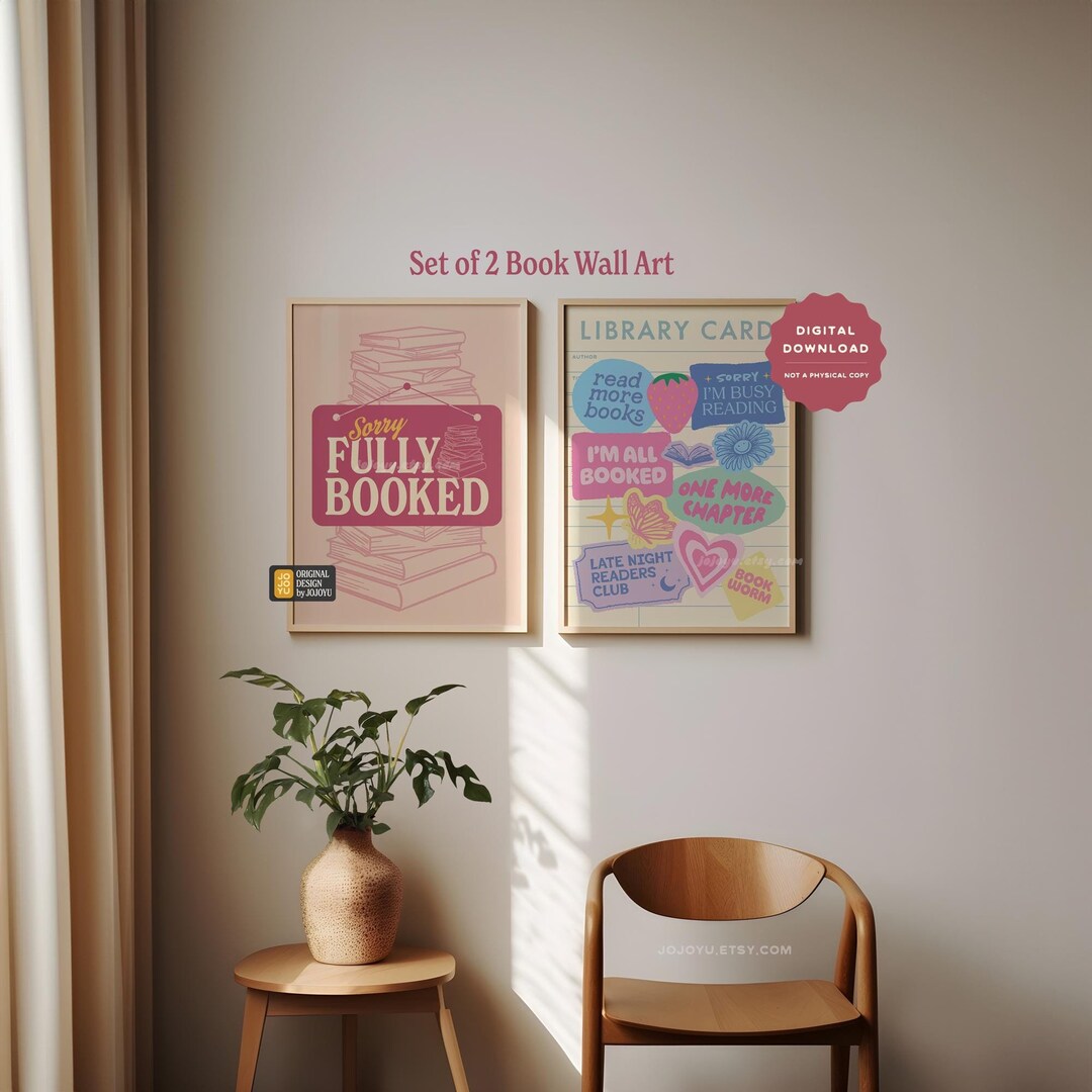 Cute Pink Bookish Wall Art Bundle, Book Lover Romance Print, Retro ...