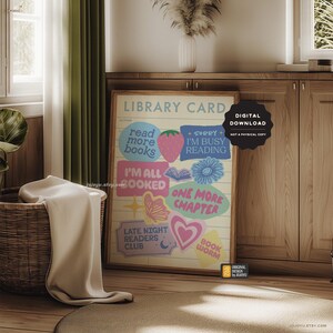 Cute Retro Pastel Stickers Library Card Wall Art Print, Bookish Poster ...