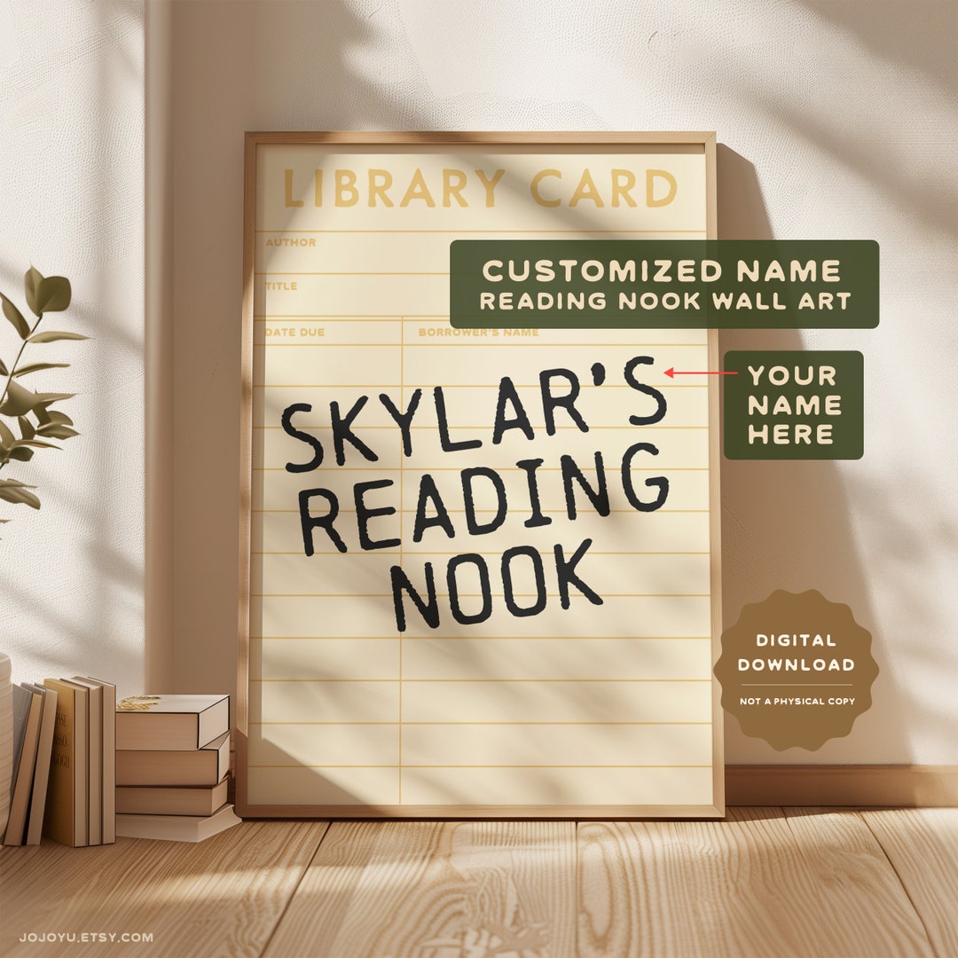 Custom Name Reading Nook Wall Art for Bookish Retro Library Card Poster ...
