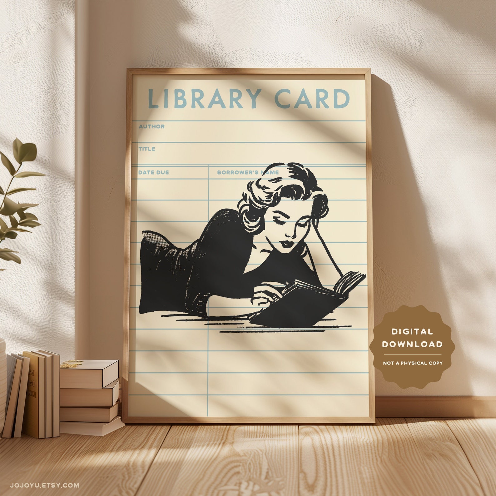 Library Card Woman Reading Retro Wall Art for Book Lovers Library ...
