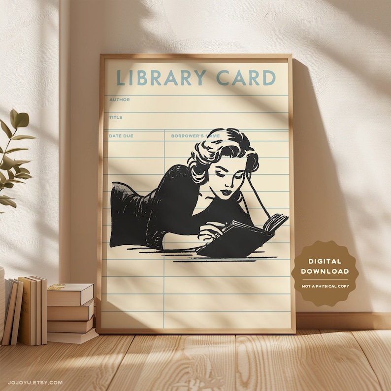Library Card Woman Reading Retro Wall Art for Book Lovers Library ...
