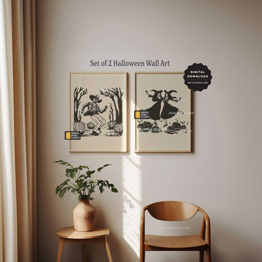 Dancing Skeleton Cowboy Witches Wall Art Bundle, Spooky Halloween ...