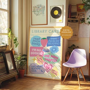 Cute Retro Pastel Stickers Library Card Wall Art Print, Bookish Poster ...