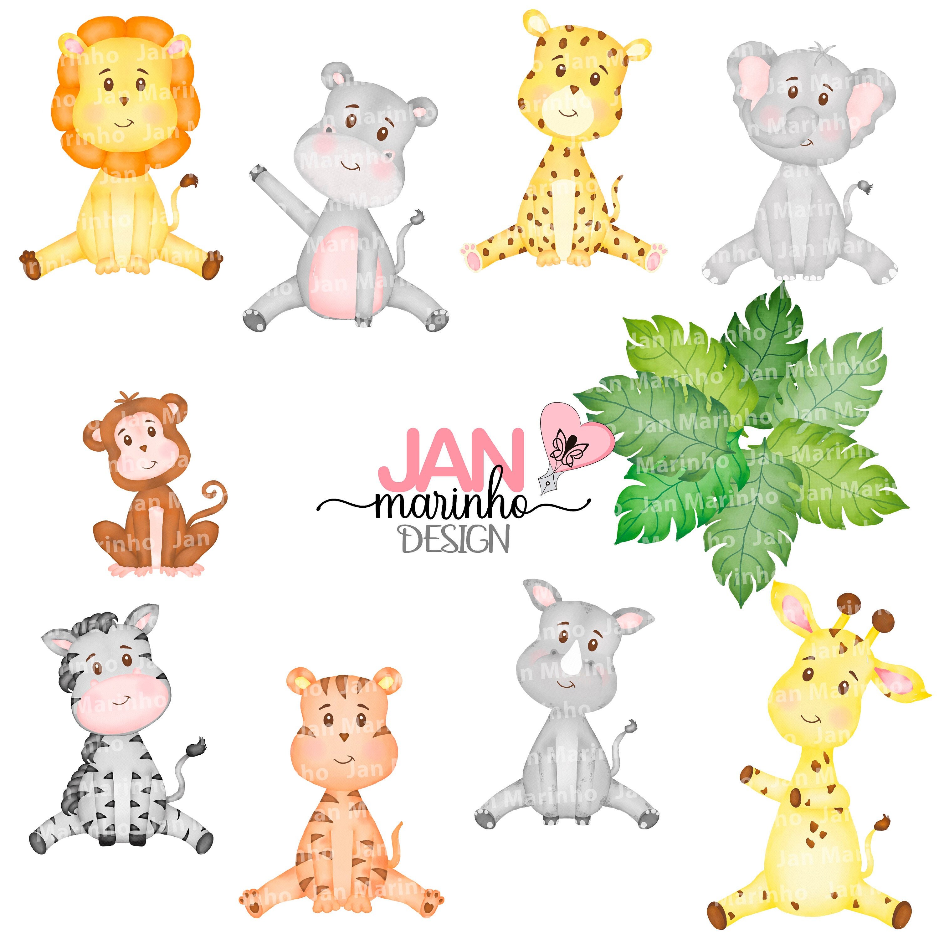 Safari Watercolor Clipart, Elephant, Hipo, Lion, Tiger, Giraffe Clip ...